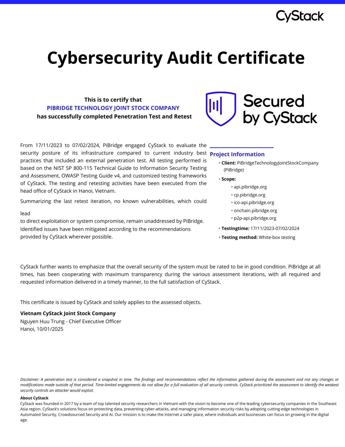 Cybersecurity Audit Certificate - PI Bridge